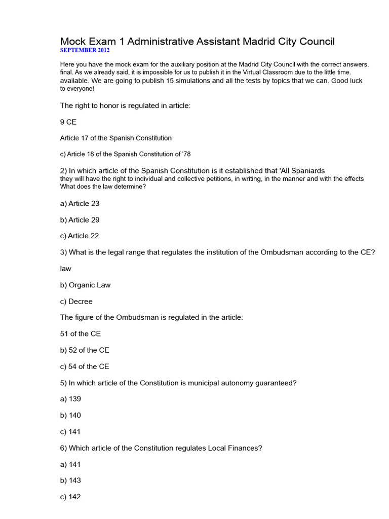 Drill 1 Administrative Assistant Exam City Council of Madrid | PDF ...