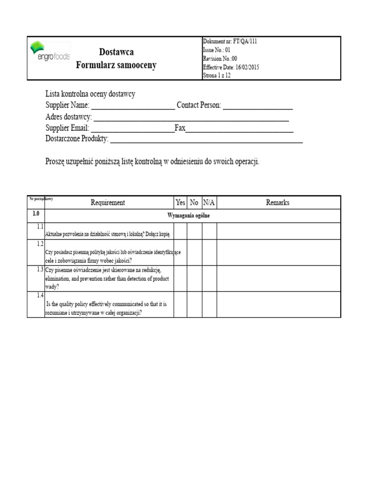 Formularz Oceny Dostawcy | PDF