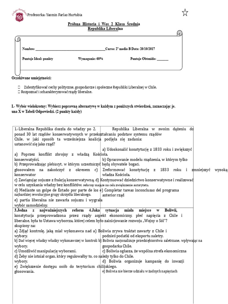 Test Republika Liberalna 2 Klasa A | PDF