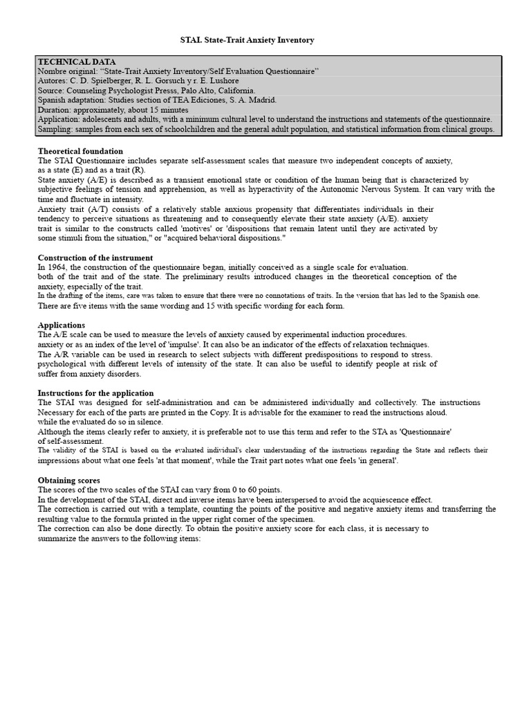 STAI: State-Trait Anxiety Inventory Guide | PDF | Anxiety | Abnormal ...