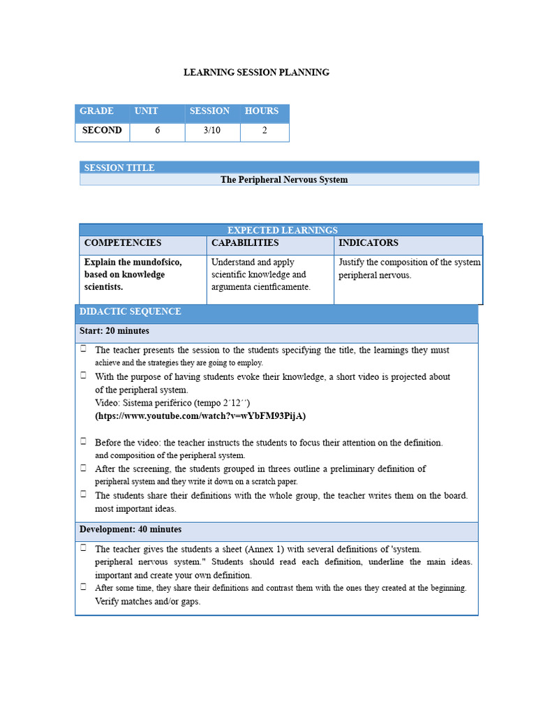 Peripheral Nervous System Lesson Plan | PDF | Central Nervous System ...