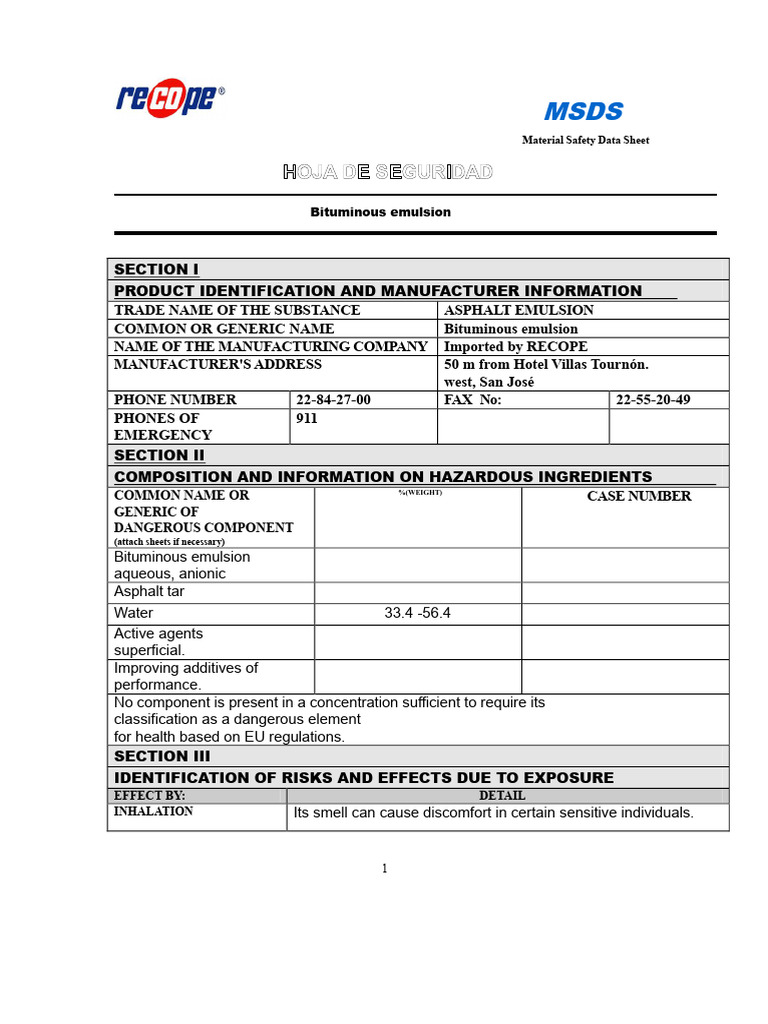 Safety Data Sheet For Asphalt Emulsion | PDF | Dangerous Goods ...
