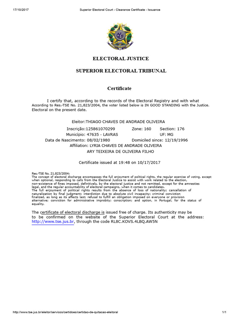 Certificate of Electoral Clearance - Superior Electoral Court | PDF ...