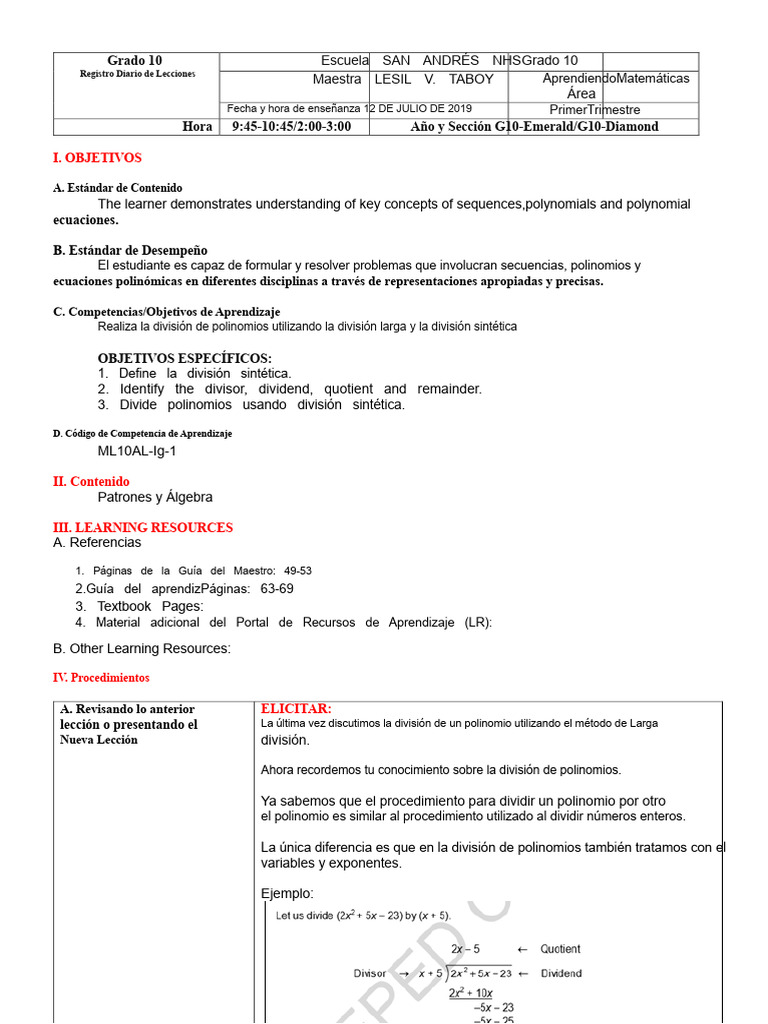417153008-Plan de Lección Sobre La División de Polinomios Utilizando La ...