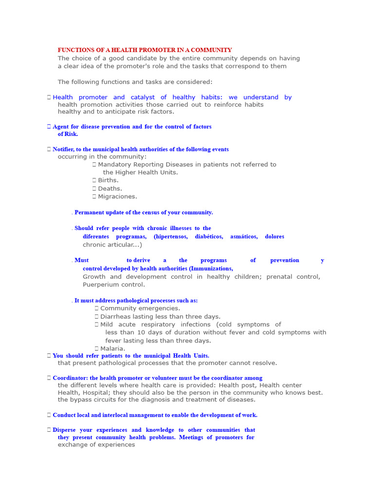 Functions of A Health Promoter in A Community | PDF