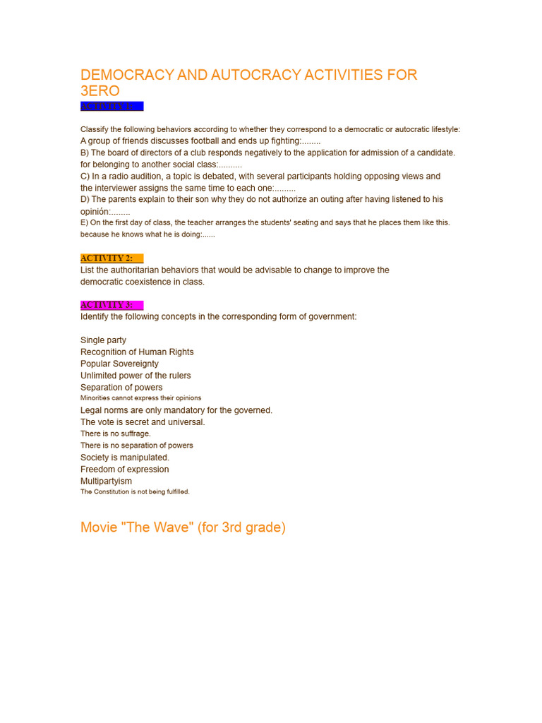 Democracy and Autocracy Activities For 3RD Grade | PDF | Democracy ...