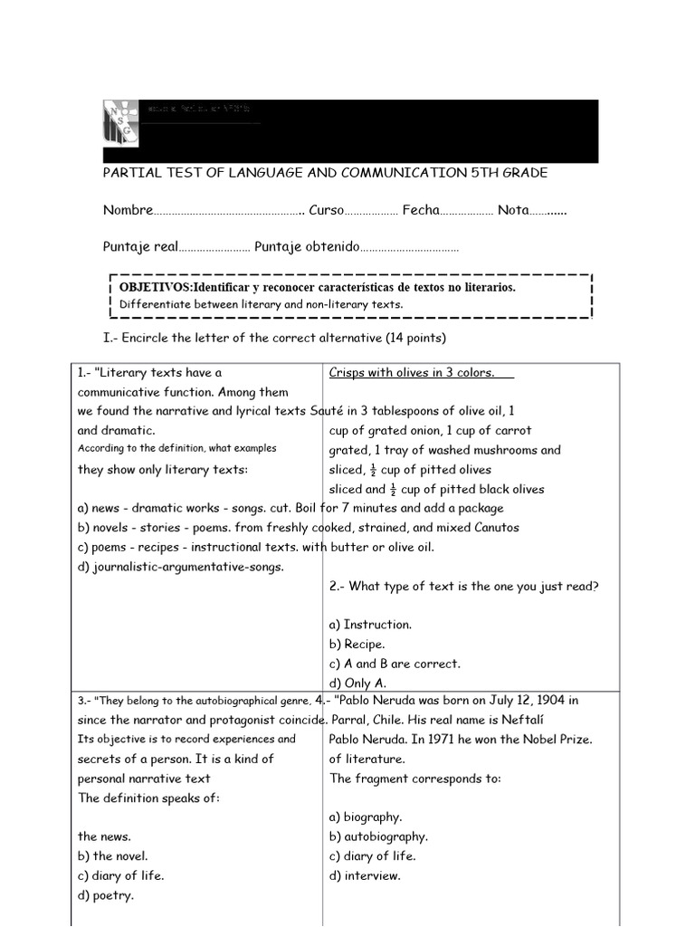 Test 5th Non-Literary Texts | PDF | Infographics | Autobiographies