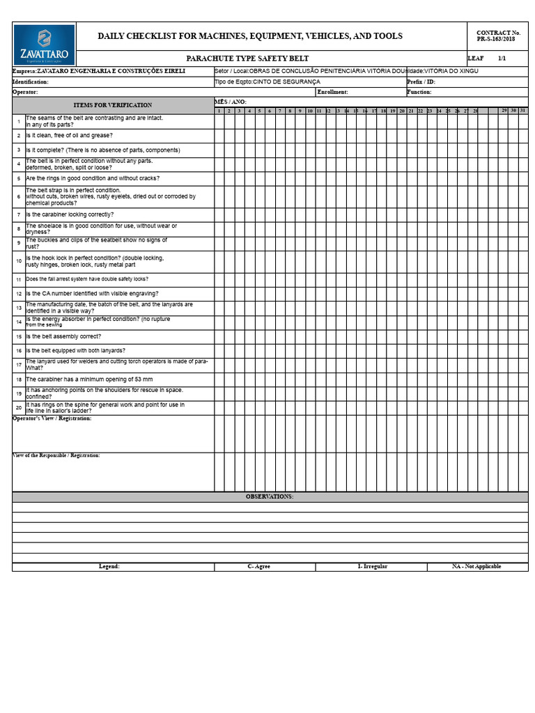 Daily Safety Checklist for Equipment | PDF | Seat Belt