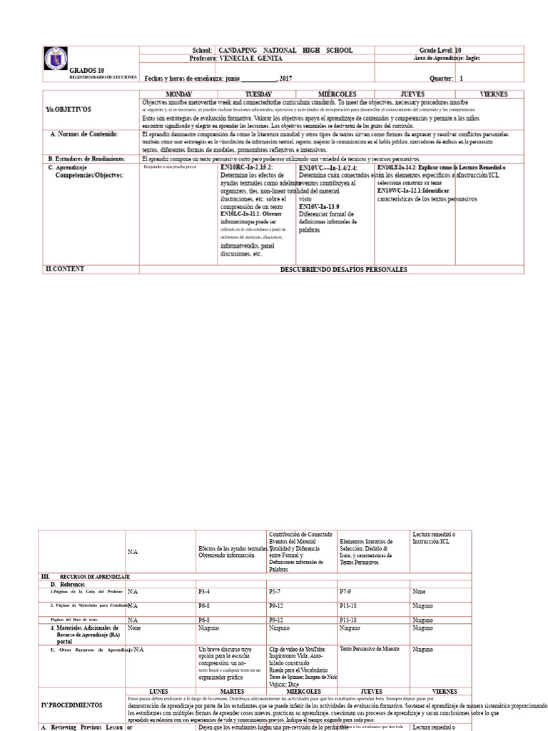 DLL G10 Primer Trimestre | PDF | Plan de estudios | Aprendizaje