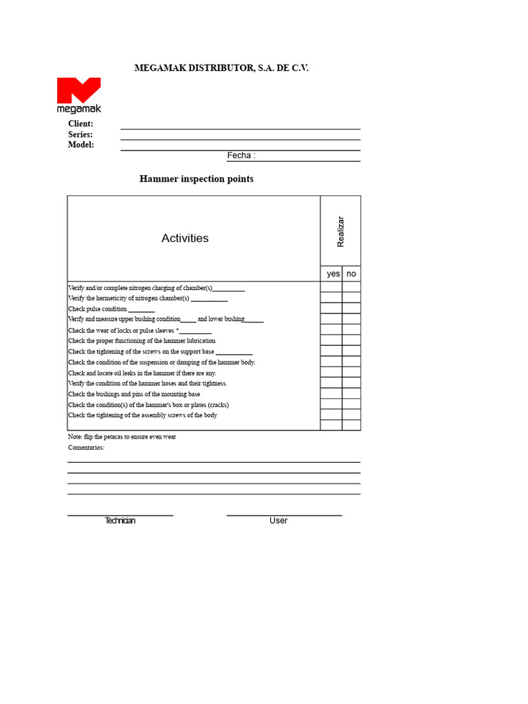 Hammer Maintenance Inspection Checklist | PDF | Mechanical Engineering