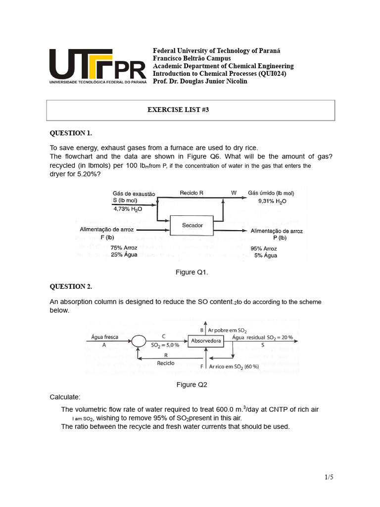 Exercise List - Introduction To Chemical Processes | PDF | Chlorine | Ammonia