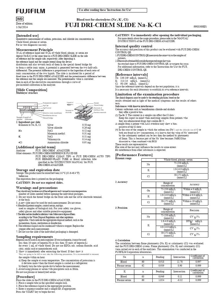 FUJI DRI-CHEM Na-K-Cl Blood Test Guide | PDF | Chloride | Blood Plasma