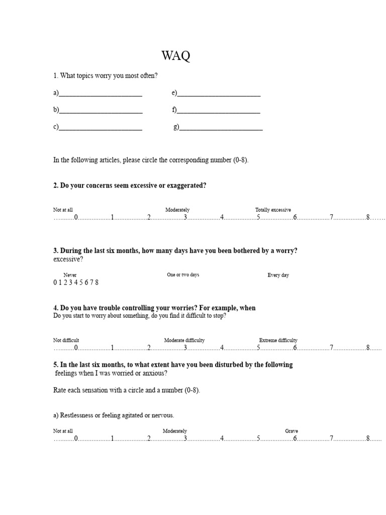 Worry and Anxiety Questionnaire Guide | PDF | Anxiety | Emotions