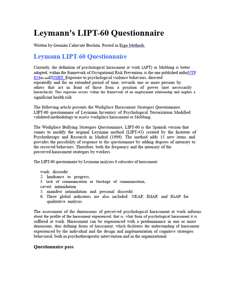 Leymann LIPT-60 Workplace Harassment Tool | PDF | Harassment ...