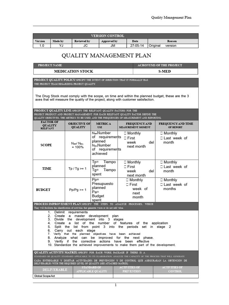 Example Quality Plan of A Company | PDF | Project Management | Quality ...
