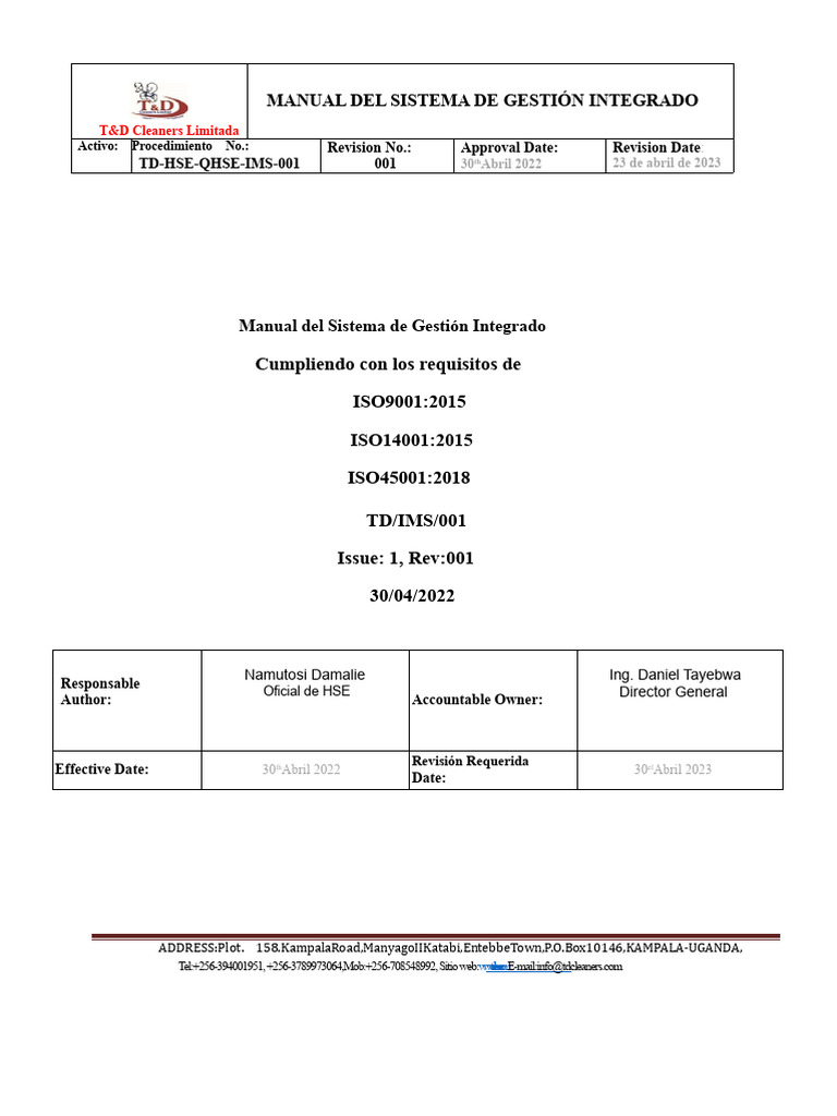 TD-QHSE-IMS-001 Manual IMS | PDF | Calidad (comercial) | Sistema de ...