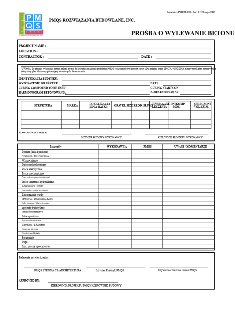 PMCM Formularz-020 Prośba o Wylewanie Betonu | PDF