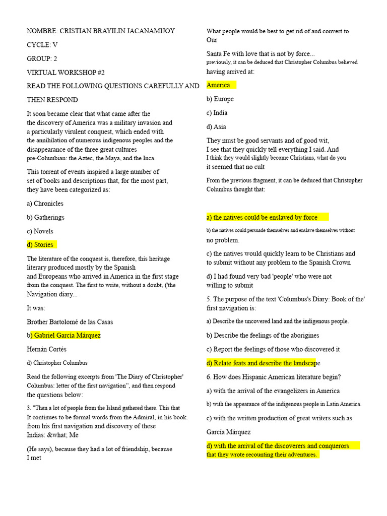 Spanish Exam 1 | PDF | Spanish Colonization Of The Americas ...
