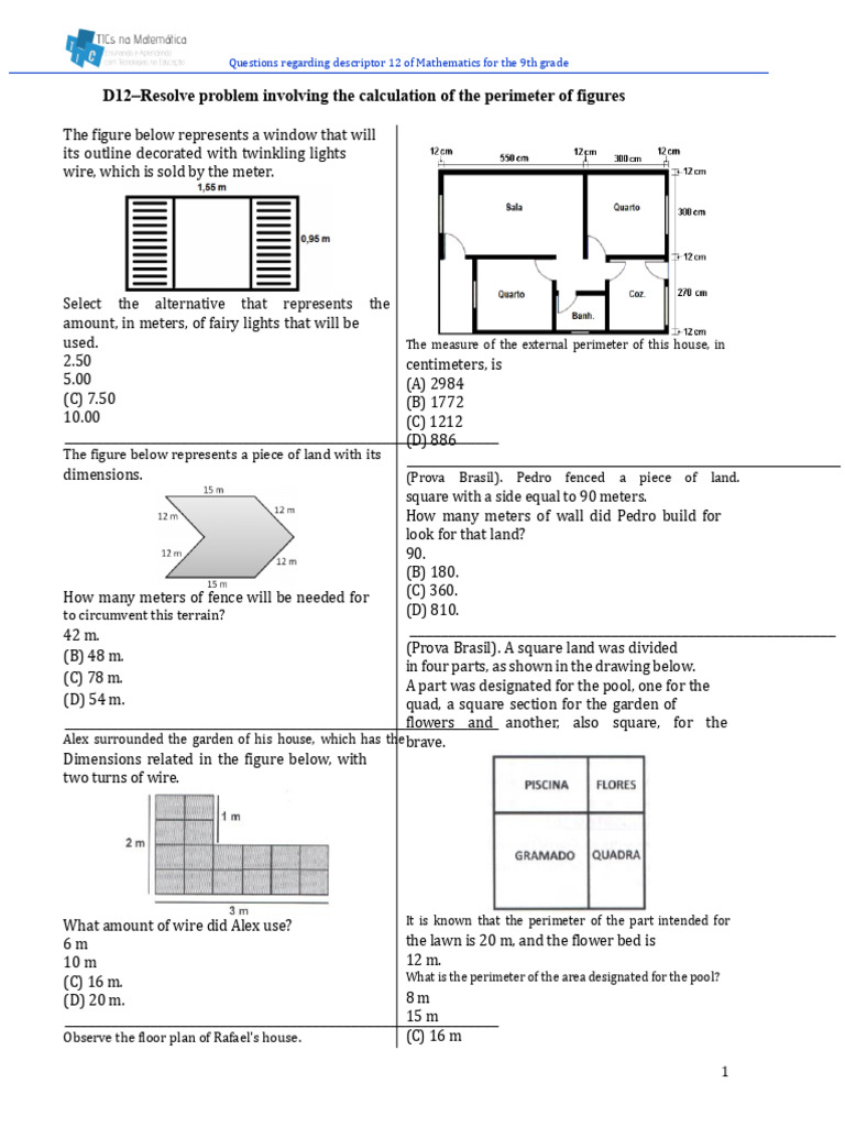 9th Grade Math Perimeter Problems | PDF | Area | Geometry