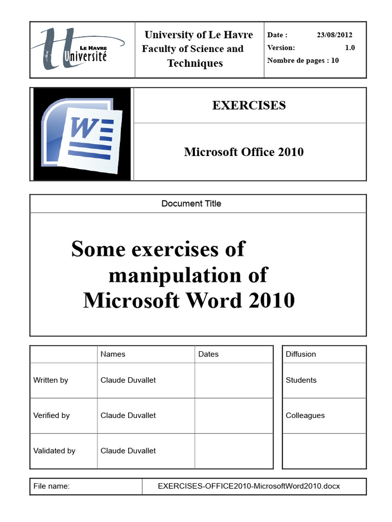 Office 2010 Exercises Microsoft Word 2010 v1.0 | PDF
