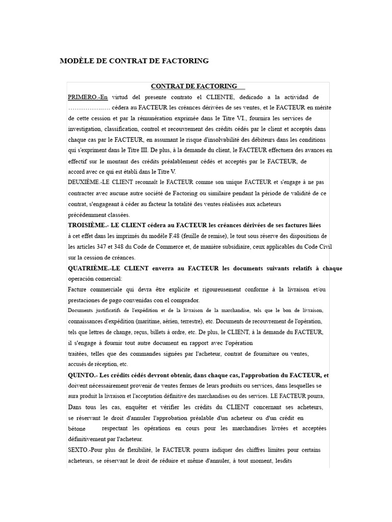Modèle de contrat de factoring détaillé | PDF | Crédit | Finance et ...