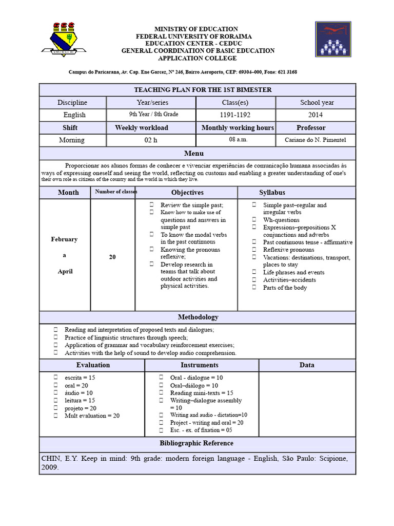 9th Grade English Teaching Plan 2014 | PDF | English Language | Verb