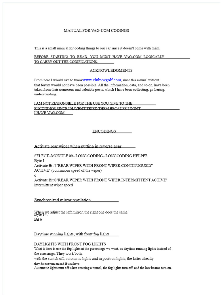 Vdocuments - MX - Manual For Codings Vag Com | PDF | Headlamp | Bit