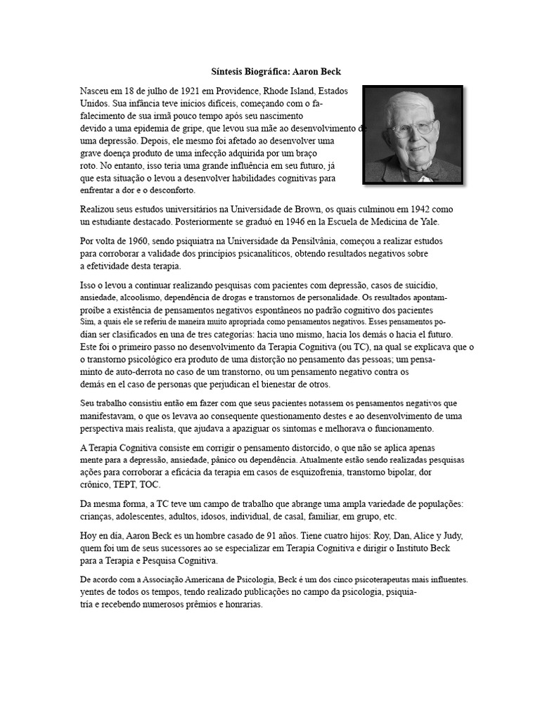 Biografia de Aaron Beck e Terapia Cognitiva | PDF | Depressão | Pensamento