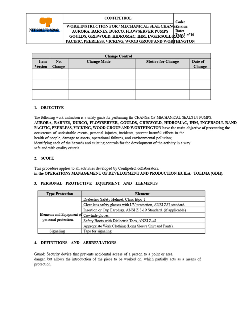 001.CHANGE OF PUMP SEALS | PDF | Pump | Personal Protective Equipment