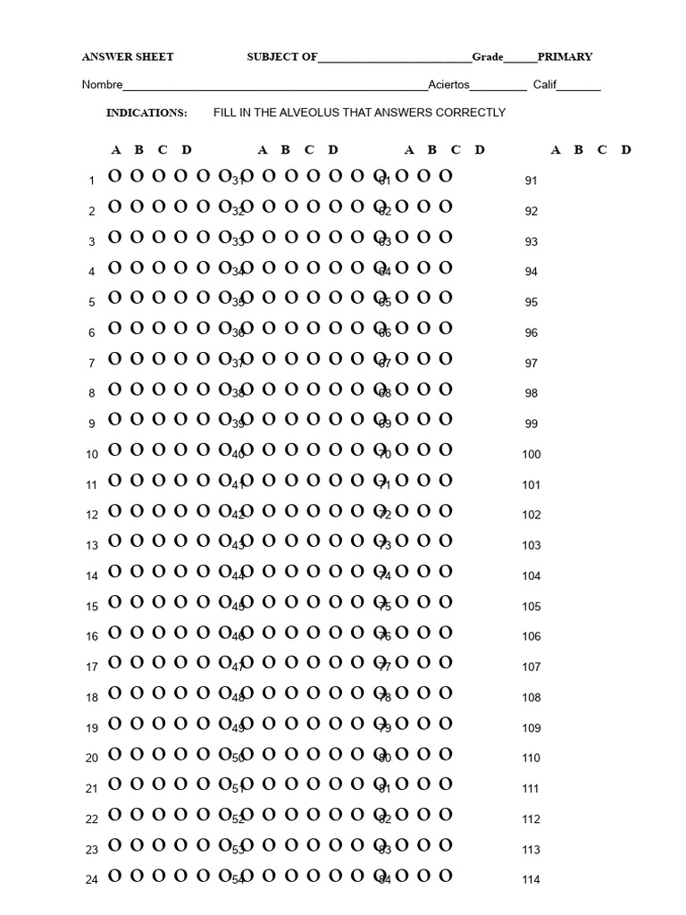 Primary Grade Answer Sheet Template | PDF | Multiple Choice | Data ...