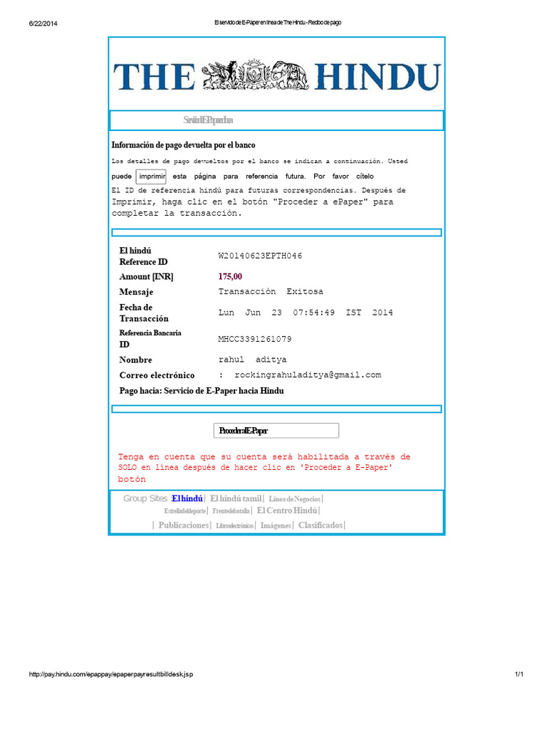 Recibo de Pago del E-Paper Hindu | PDF | ciberespacio | Internet