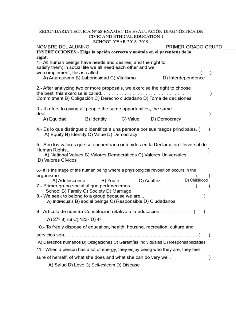Diagnostic Exam Fce 1 First Year 2018-2019 | PDF