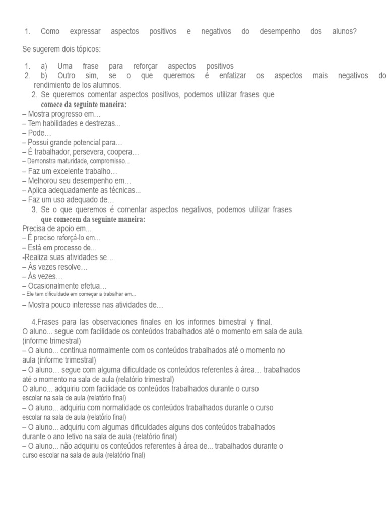 Como Expressar Aspectos Positivos e Negativos Do Desempenho Dos Alunos ...