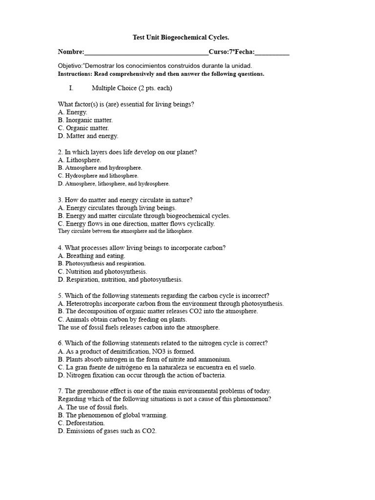 Test Unit Biogeochemical Cycles | PDF | Nutrition | Diet & Nutrition