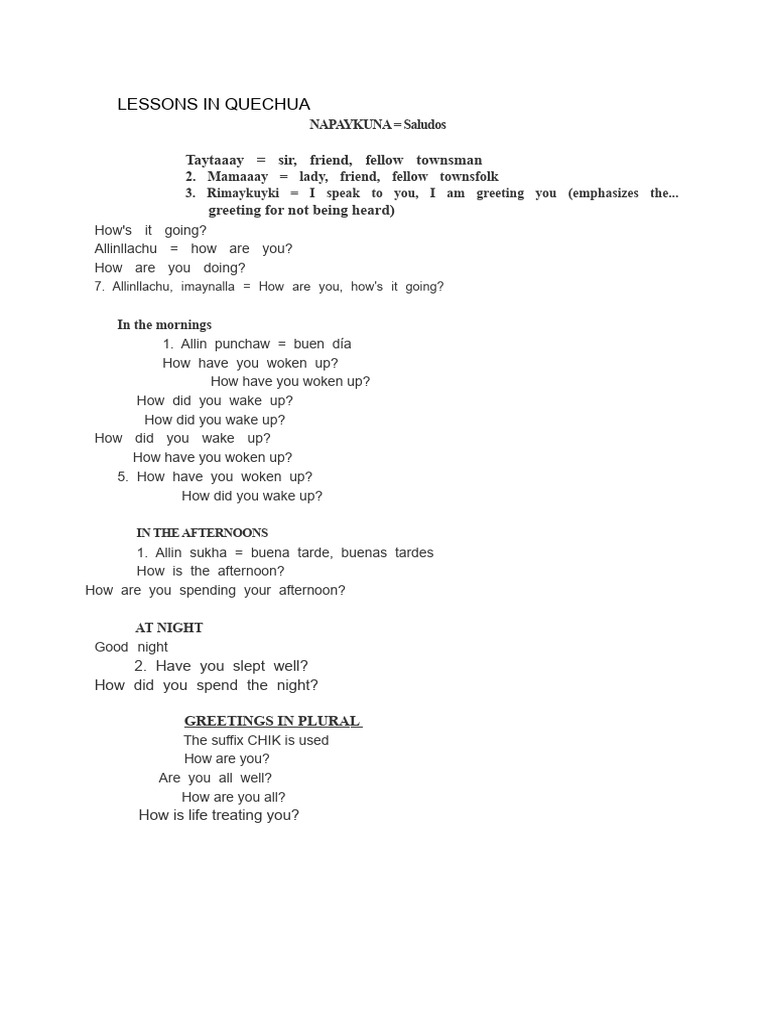 Lessons in Quechua | PDF | Family