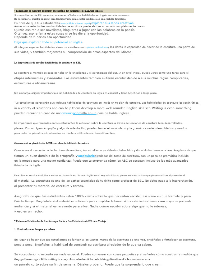 7 Habilidades de Escritura para Estudiantes ESL | PDF | Escritores ...