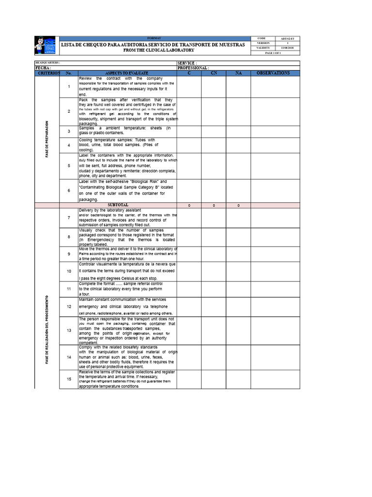 ADT-S2-F3-V1 Laboratory Sample Transportation Checklist PDF | PDF ...