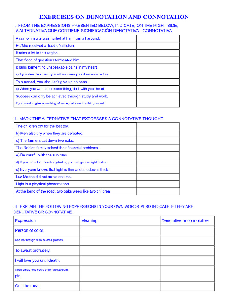 Exercises On Denotation and Connotation | PDF