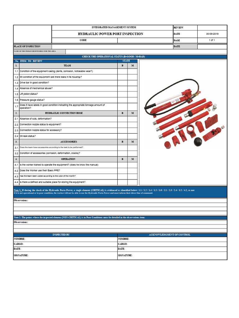 Hydraulic Power Inspection Checklist | PDF | Mechanical Engineering