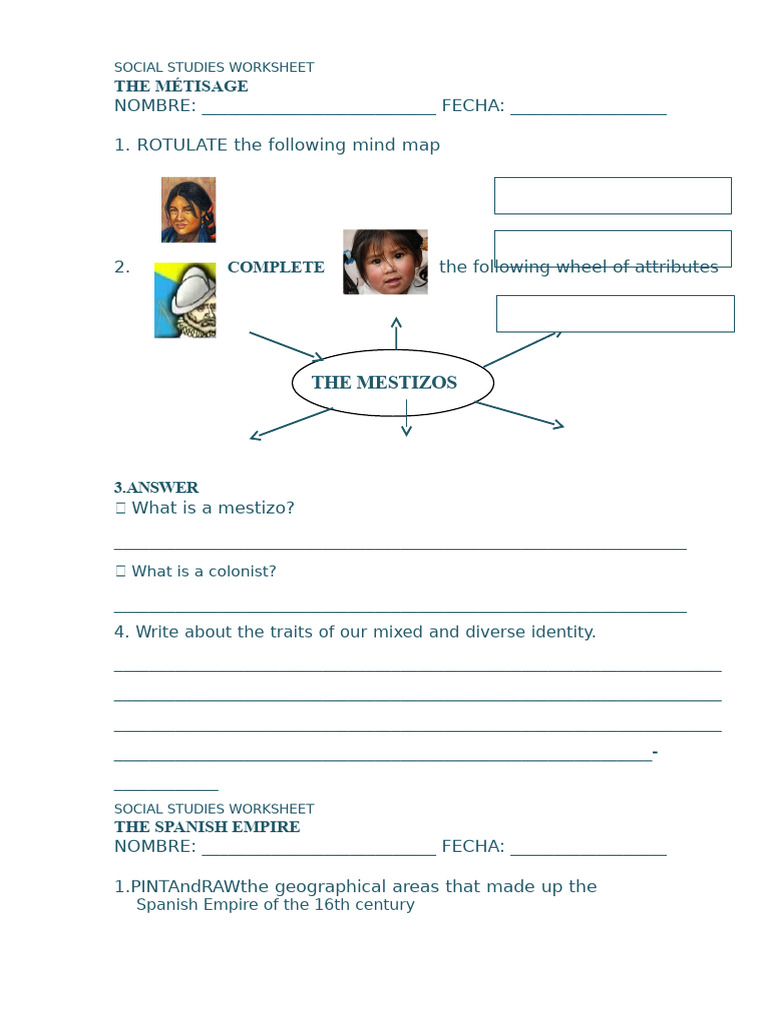 Social Studies Worksheet: Métis and Spanish Empire | PDF