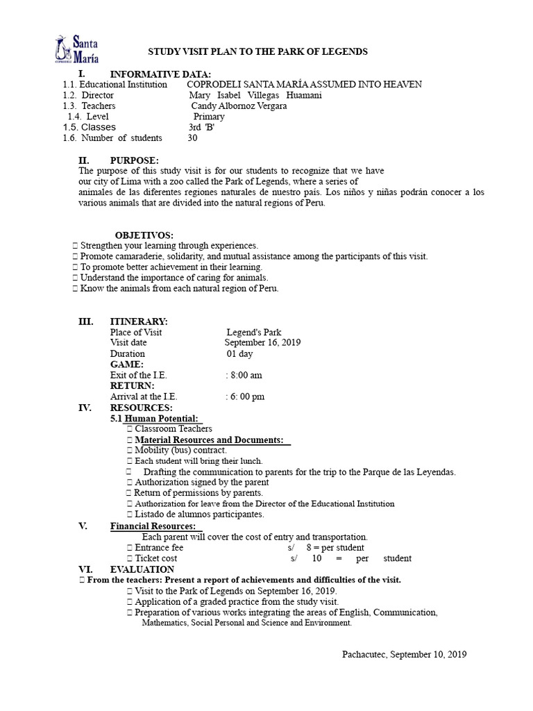 Study Visit Plan for Park of Legends | PDF