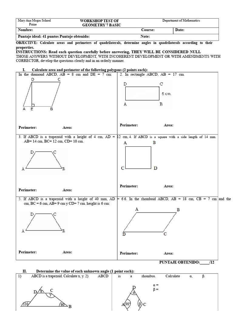 Quadrilateral Test | PDF | Area | Euclid