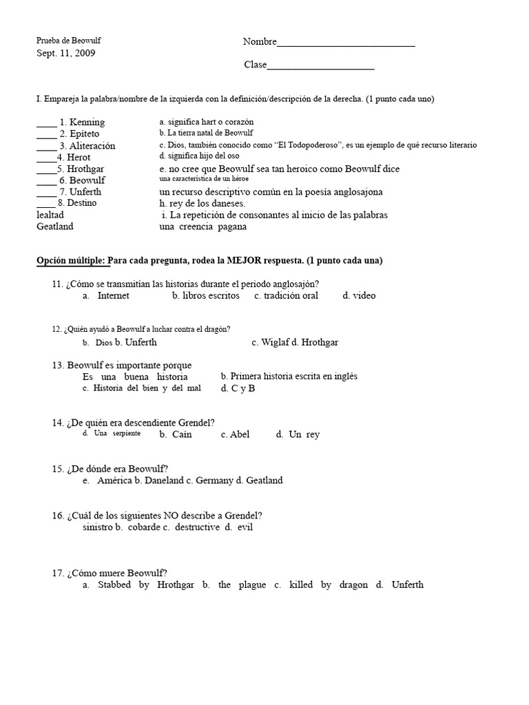 Prueba de Beowulf: Preguntas y Respuestas | PDF | Beowulf