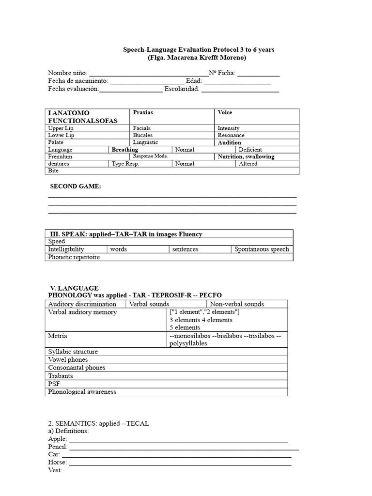 Speech-Language Evaluation Protocol 3 To 6 Years | PDF | Word | Speech