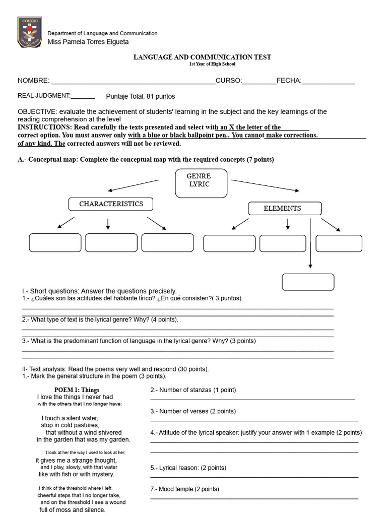 Language Test FIRST YEAR OF HIGH SCHOOL | PDF | Characters In Romeo And ...