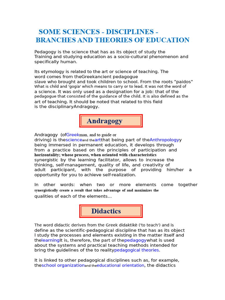 Some Sciences, Disciplines, Branches, and Theories of Education | PDF ...