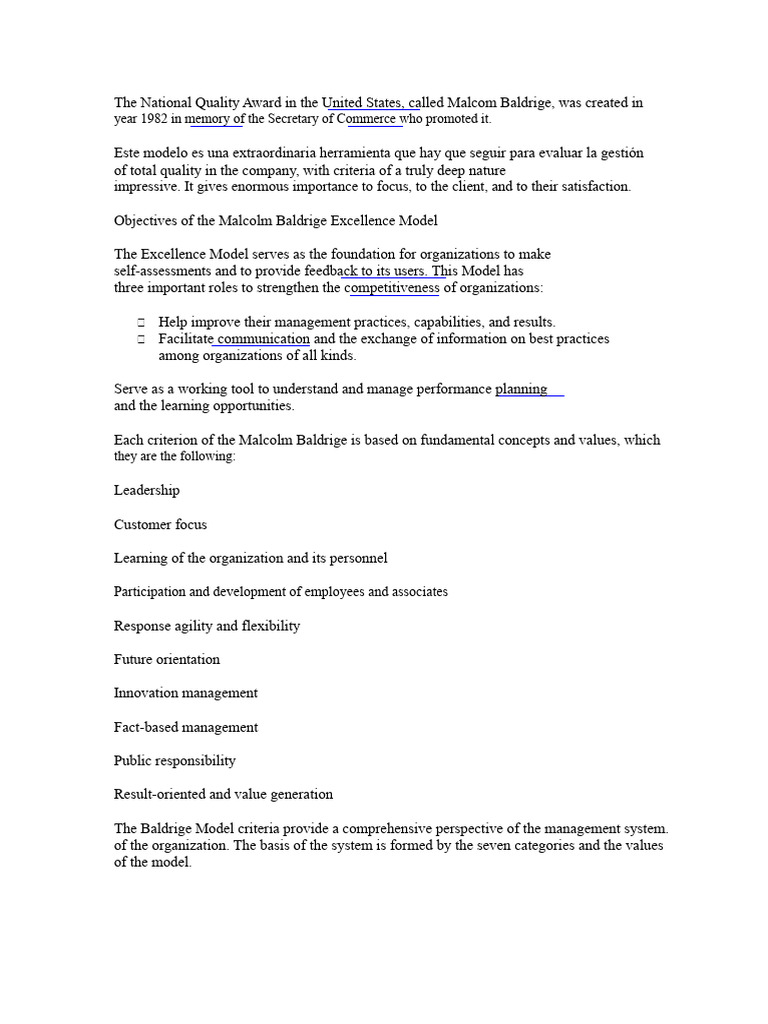 Malcolm Baldrige Excellence Model Overview | PDF | Supply Chain ...