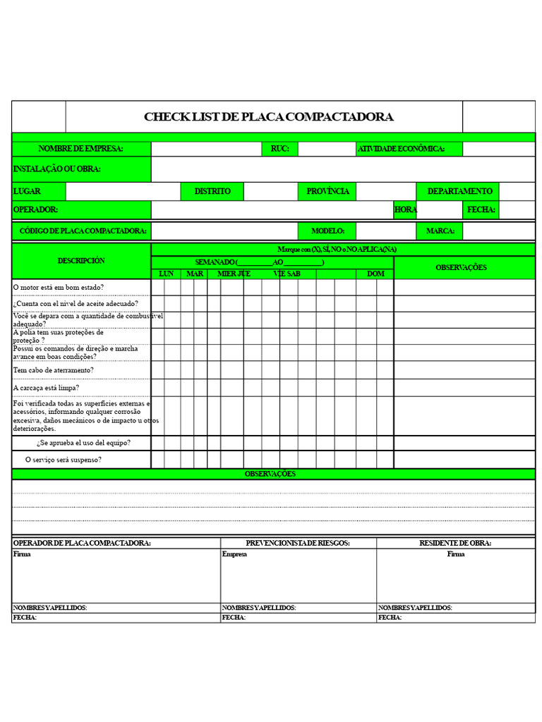 Check List Placa Compactadora | PDF