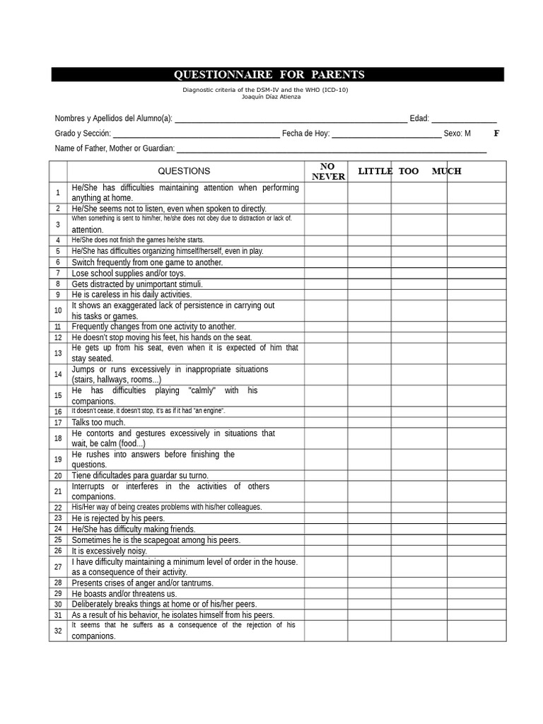 Questionnaire For Parents About ADHD. | PDF | Attention Deficit ...