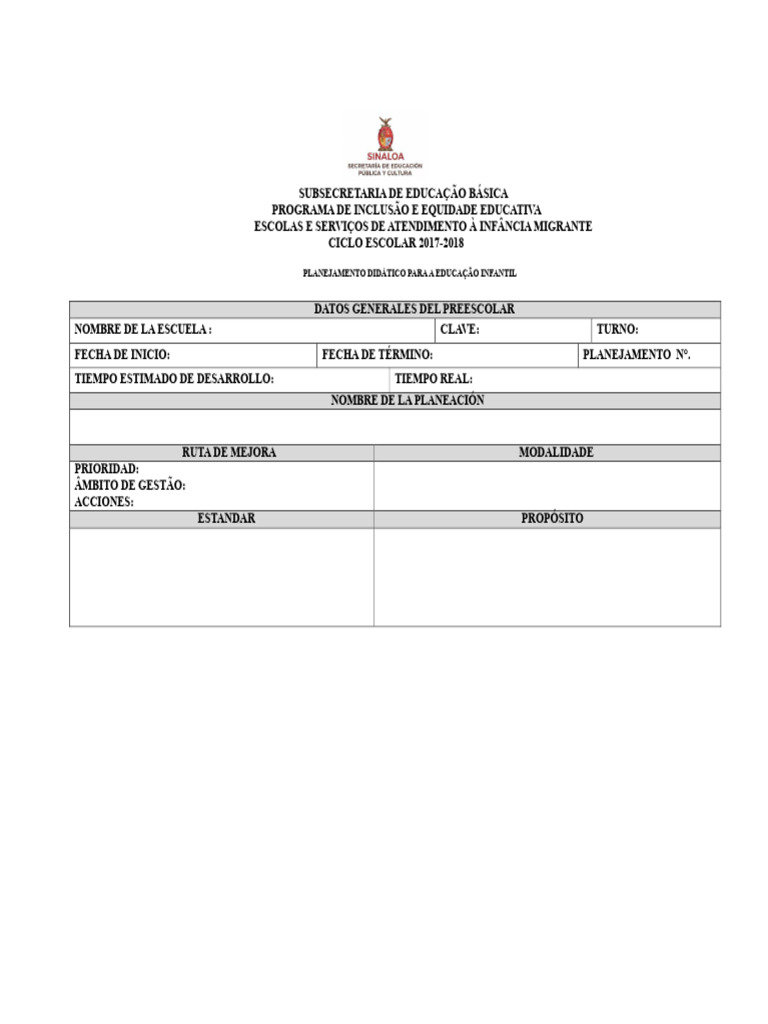 FORMATO DE PLANEJAMENTO PRÉ-ESCOLAR MULTIGRADO 2017-2018.docx | PDF | Educación de la primera ...